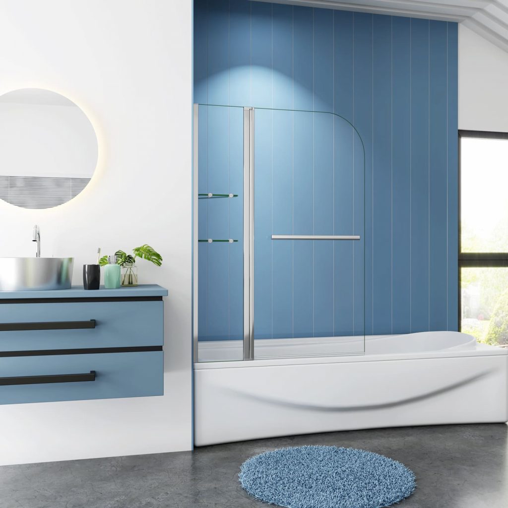 Twin Panel Radius Bath Screen with Towel Rail and Shelves - CML PRODUCTS